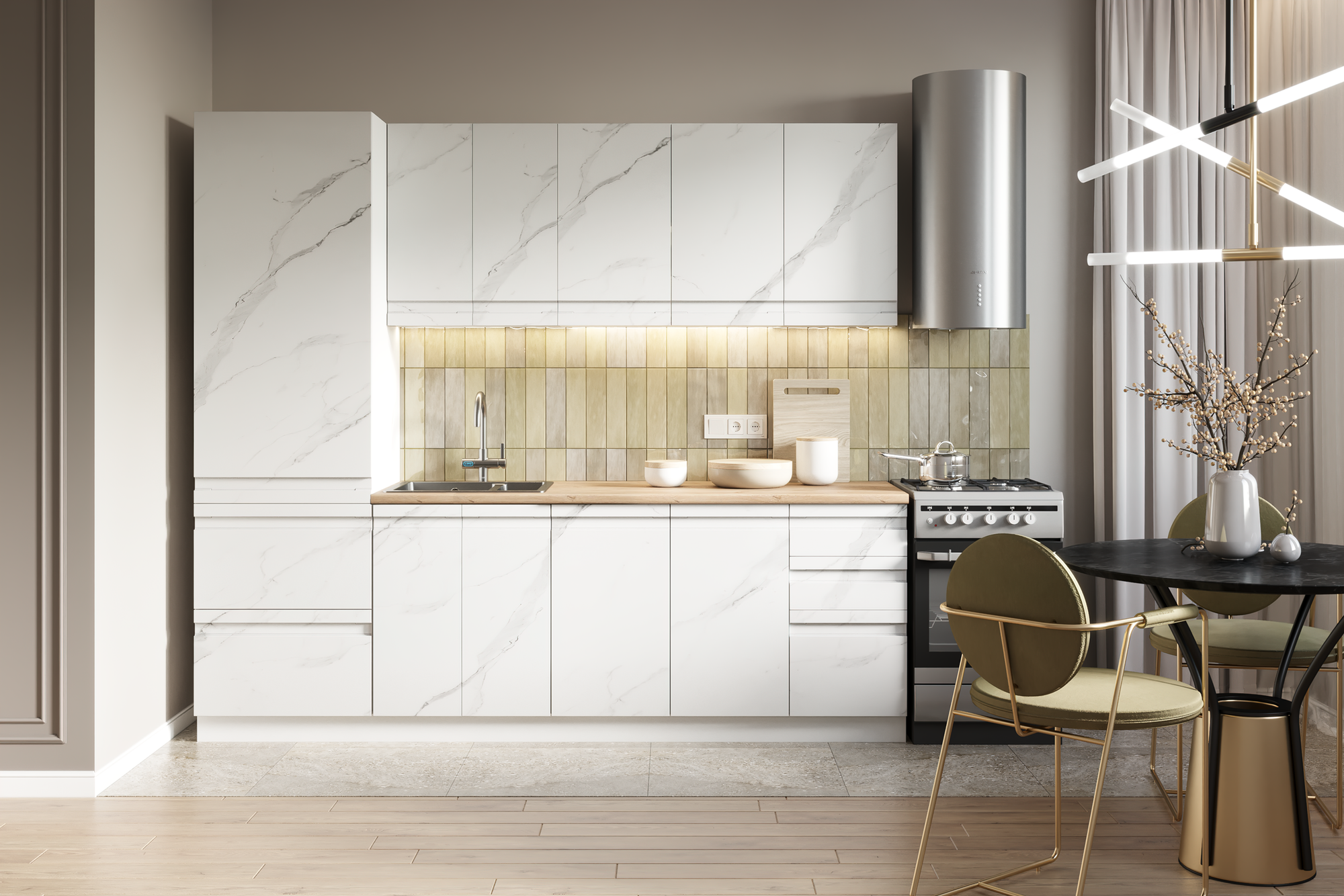 Кухонный гарнитур "Денуа" 2,4 м, монте белый мрамор