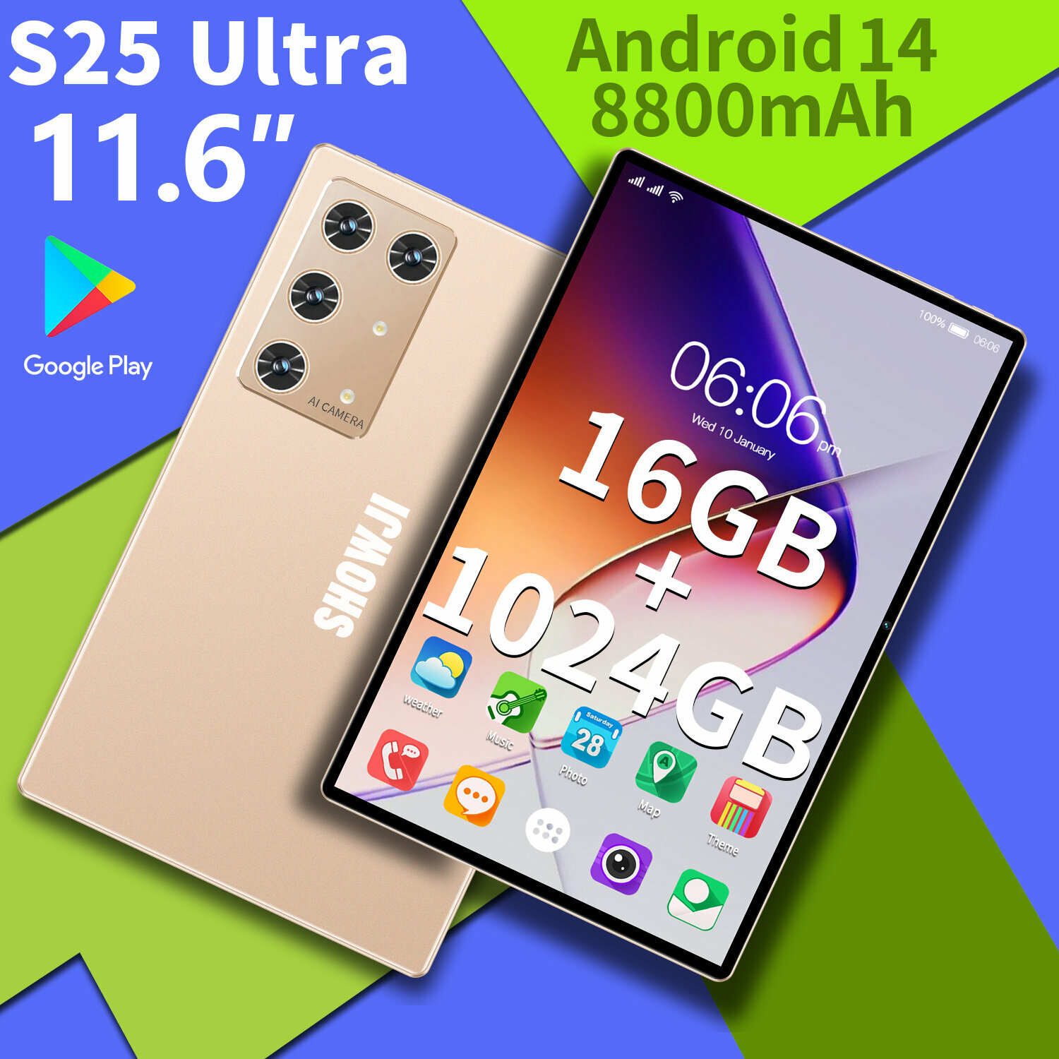 Игровой планшет S25 Ultra, экран 11.6" 2560х1600, 16GB+1TB, FM-тюнер, золотистый