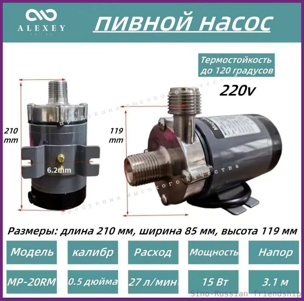 Пивной насос, MP-20RM, 1/2 дюйма, нержавеющая сталь 304, устойчивость к высоким температурам до 120 градусов, устойчивость к коррозии кислотам и щелочам