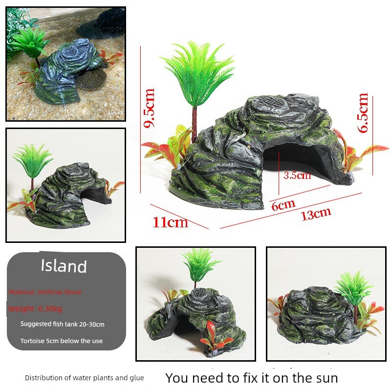 Маленький каменный плавающий островок для черепах с укрытием в аквариум, натуральный камень, 15x10x6см