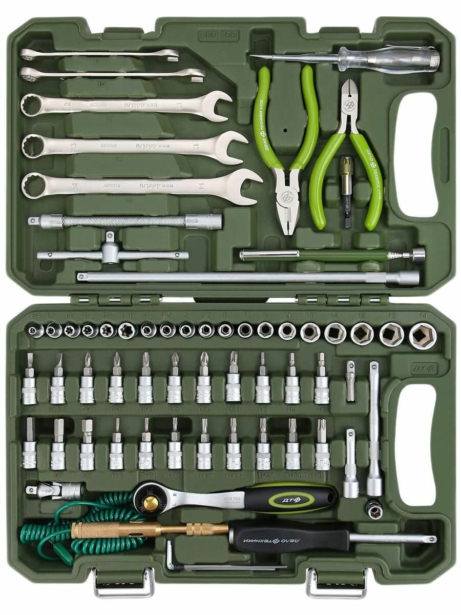 Набор инструментов 65пр (1/4") с индикаторными отвертками на 12 и 220 V // Дело Техники, 600765 , кейс