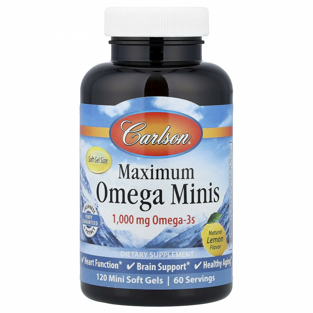 Carlson, Maximum Omega мини, натуральный лимон, 120 мини-капсул (500 мг в 1 капсуле)