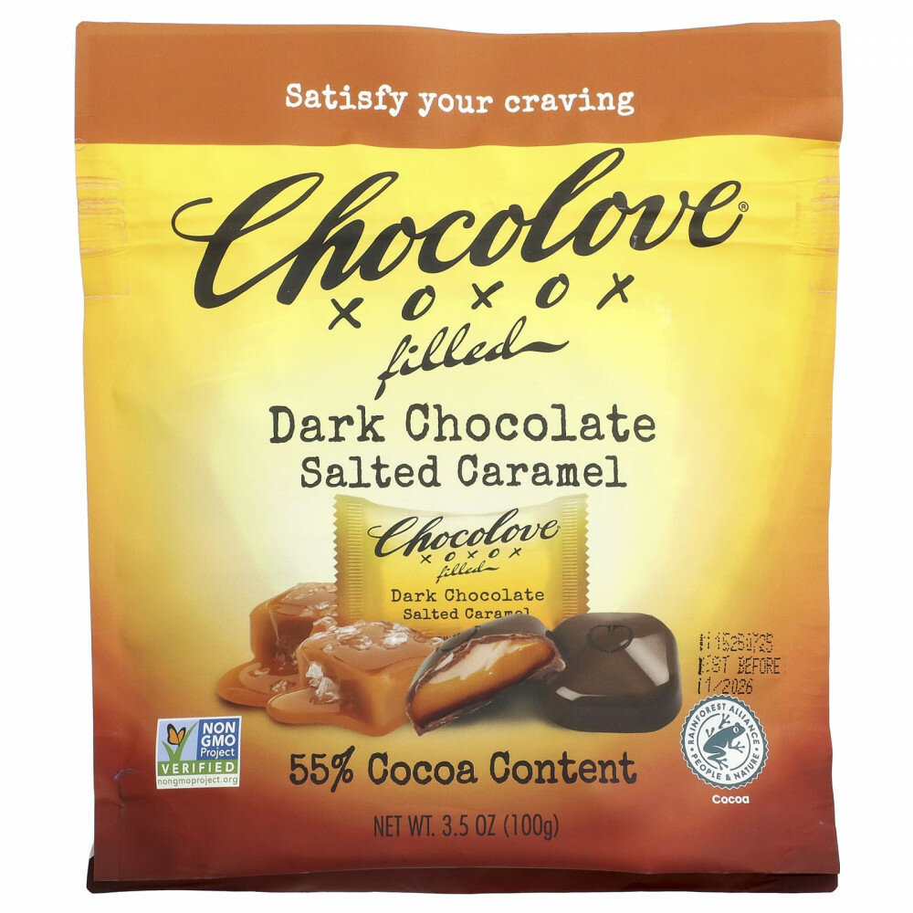 Chocolove, С начинкой, темный шоколад, соленая карамель, 55% какао, 100 г (3,5 унции)