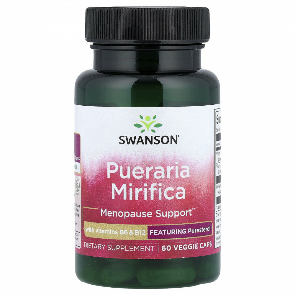 Swanson, Пуэрария мирифика с витаминами B6 и B12, 60 растительных капсул