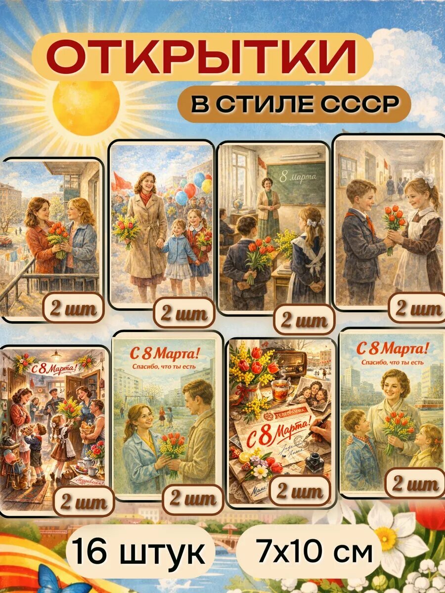 Набор мини открыток к 8 марта в стиле СССР 16 шт 5х7см