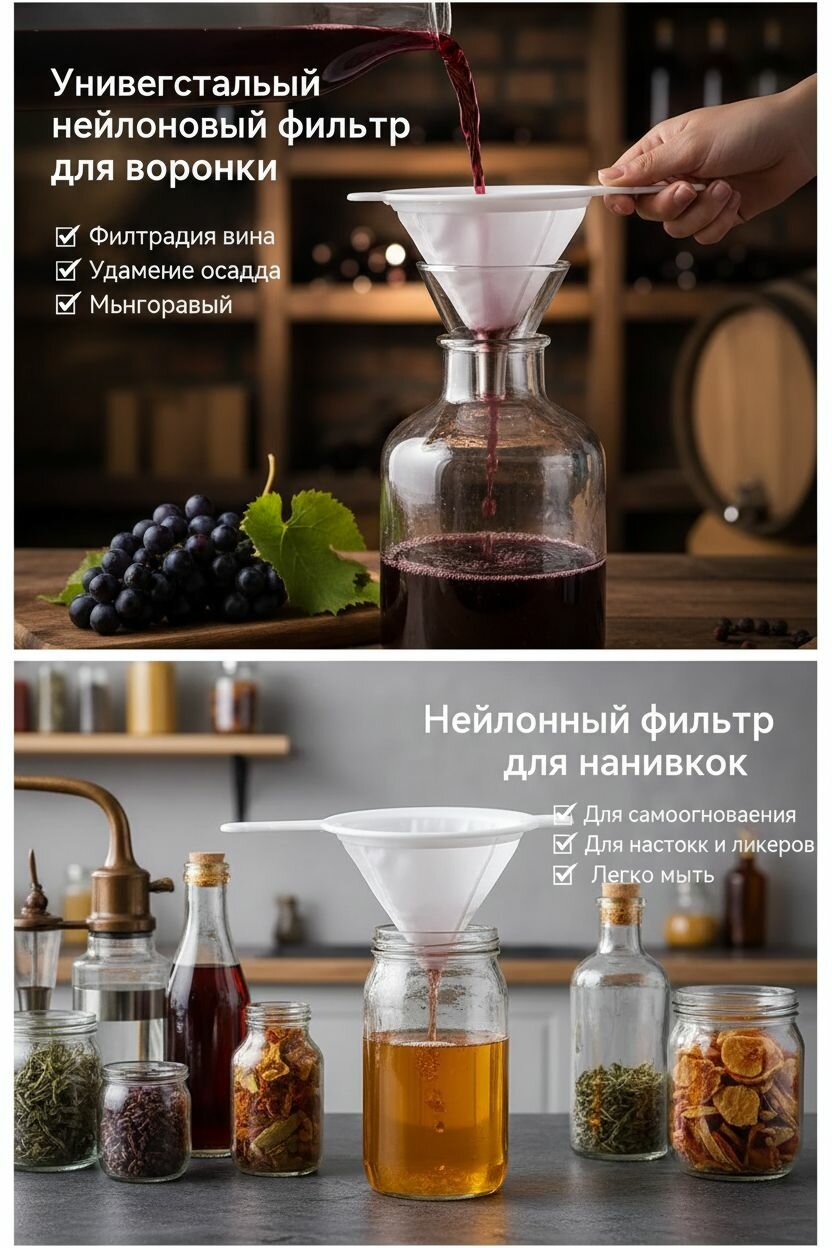 Фильтр для вина и самогонного аппарата, нейлоновый для воронки 15 см, термостойкий, многоразовый, прочный