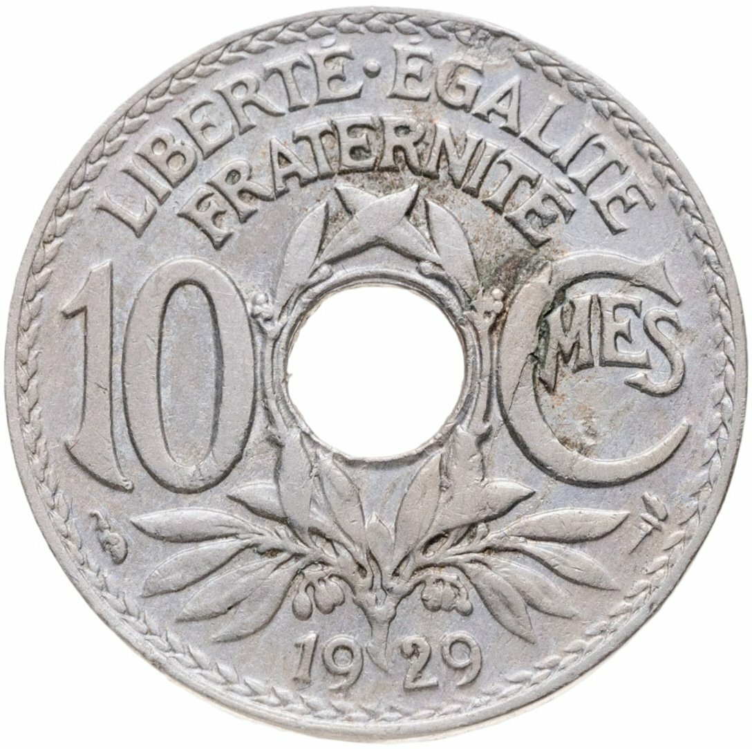 Франция 10 сантимов centimes 1929, Мельхиор медь-никель, в сохранности VF