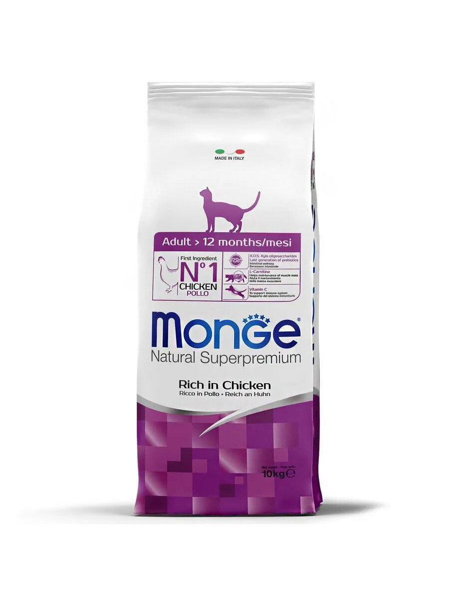 Сухой корм для кошек Monge Cat Adult Rich in Chicken Natural Superpremium с курицей, 10 кг