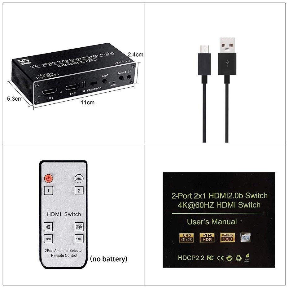 TITAK 2-портовый HDMI аудиоэкстрактор 4K 60Гц