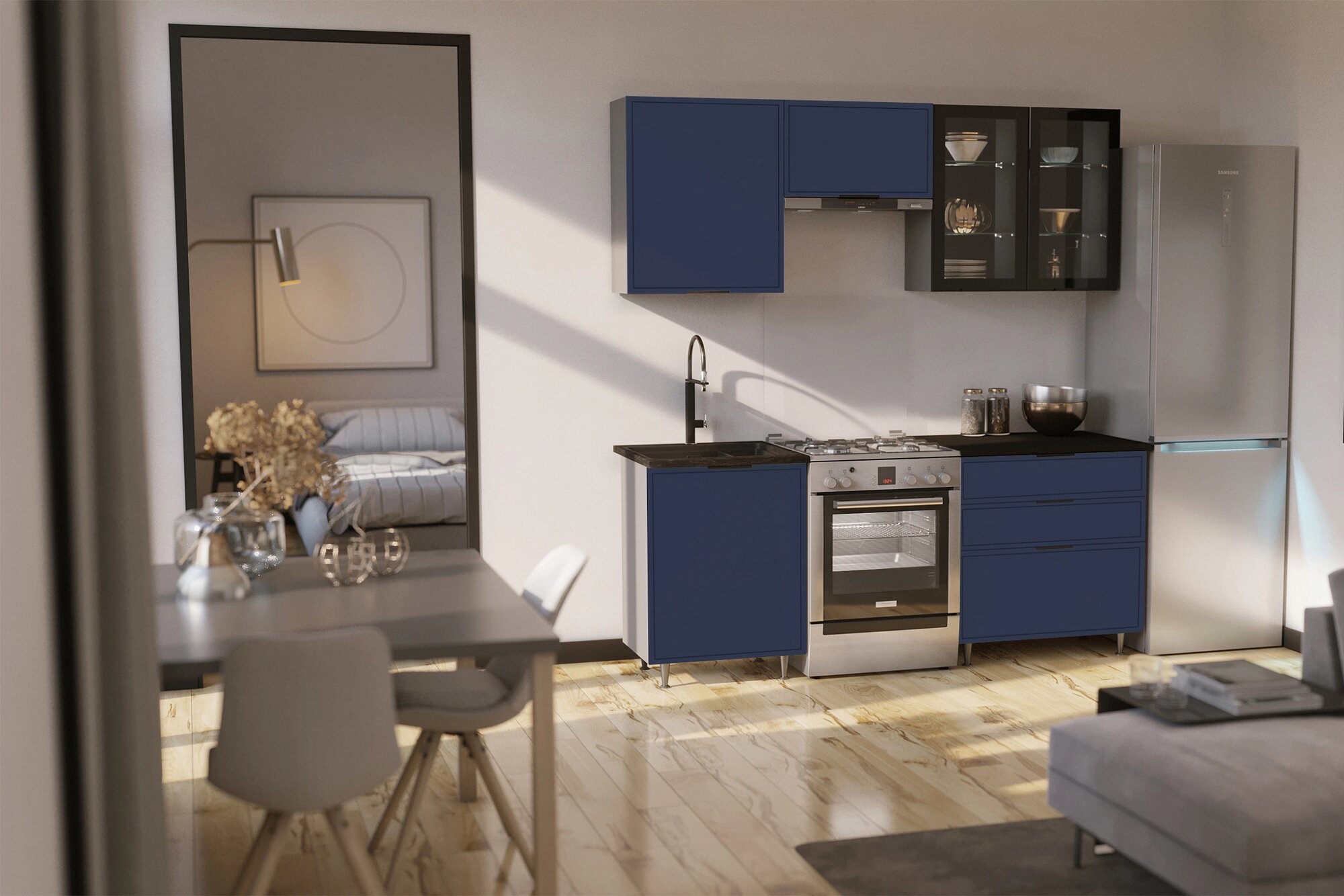 Кухонный гарнитур Николь 2,0м Компановка №2 (Холст сапфировый)