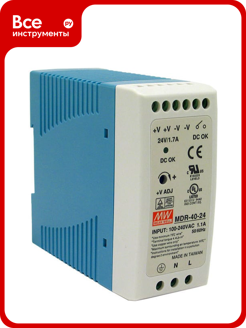 Источник питания Mean Well AC/DC MDR-40-24 Т00252356, блок питания промышлен, импульсный, защита от короткого замыкания