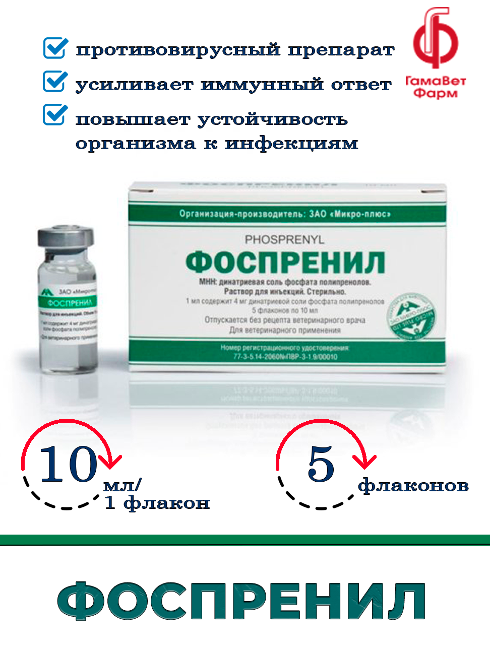 Фоспренил, раствор для инъекций, для ветеринарного применения,10 мл х 5 штук