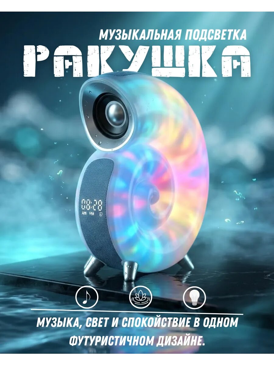 Музыкальный ночник "Ракушка", Bluetooth, часы, будильник, белый
