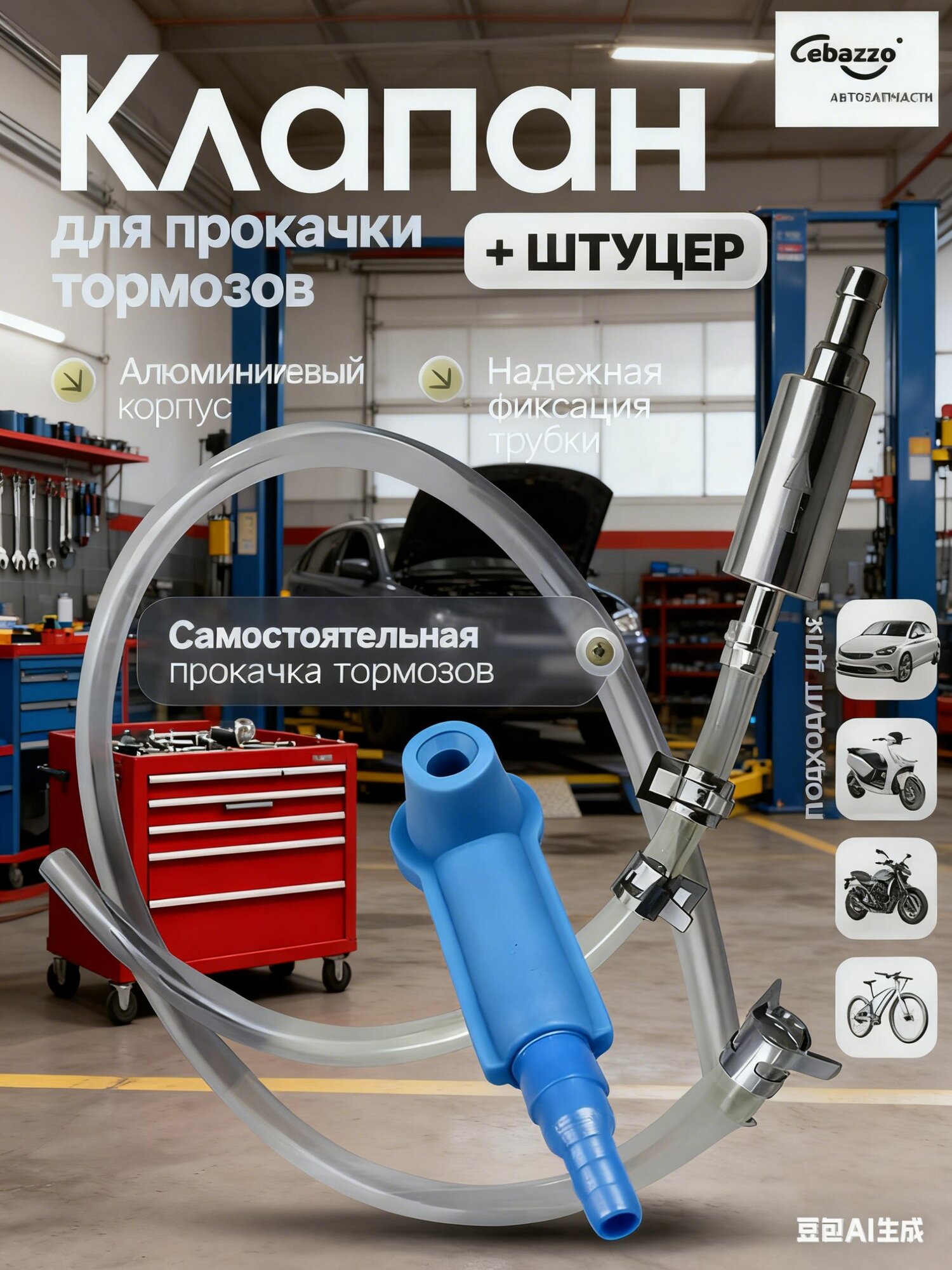 Cebazzo комплект для прокачки тормозов с обратным клапаном — универсальная насадка и шланг для авто и мото универс.