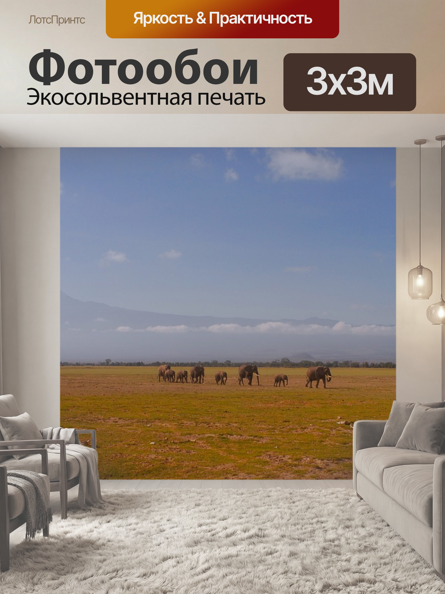 Фотообои "Слоны, килиманджаро, климатический кризис" 300x300 см. экосольвентная печать