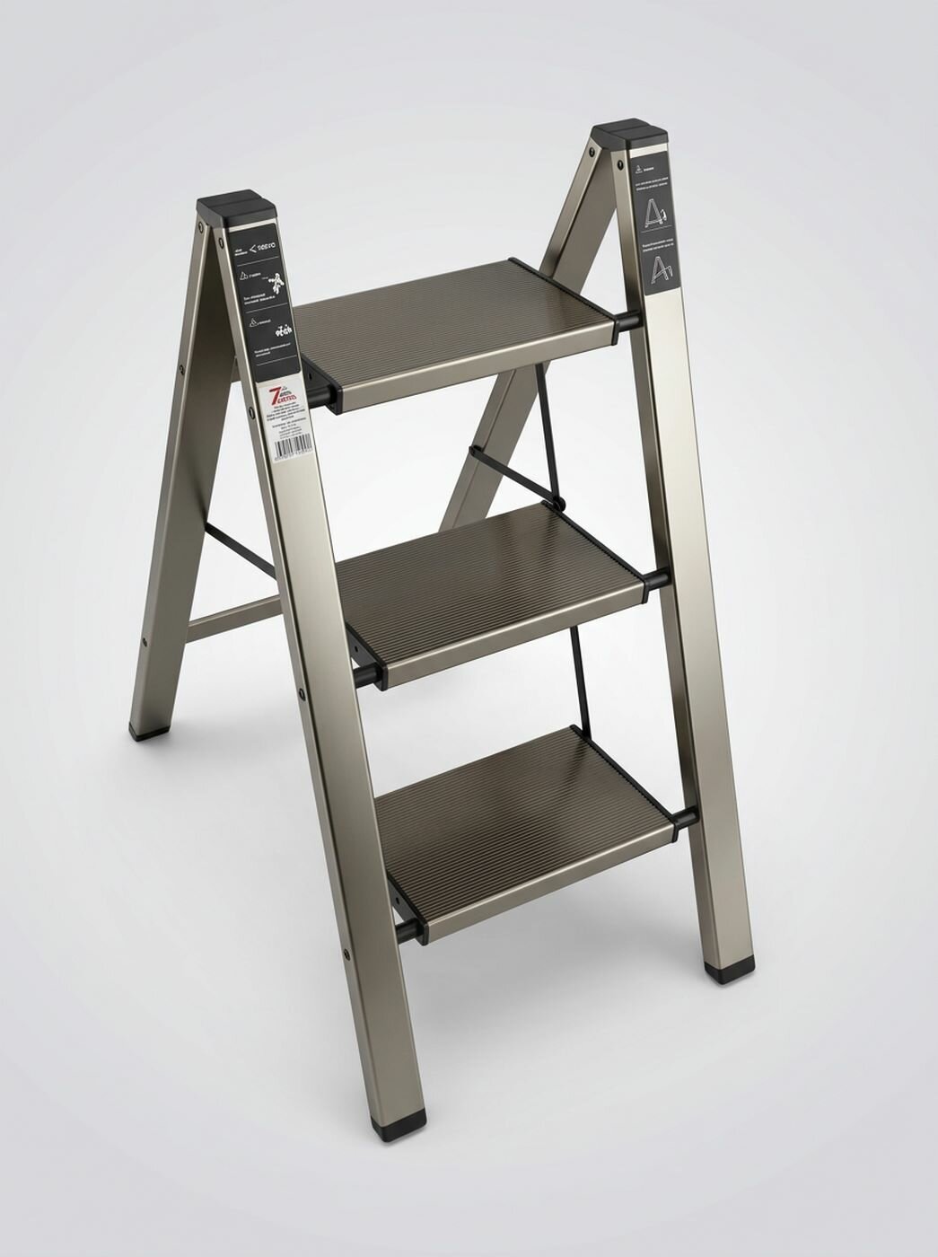 Стремянка Алюминиевая Milano 3 Широкие Ступени Золотая, Рабочая Высота 2.67 М, Нагрузка 150 Кг.