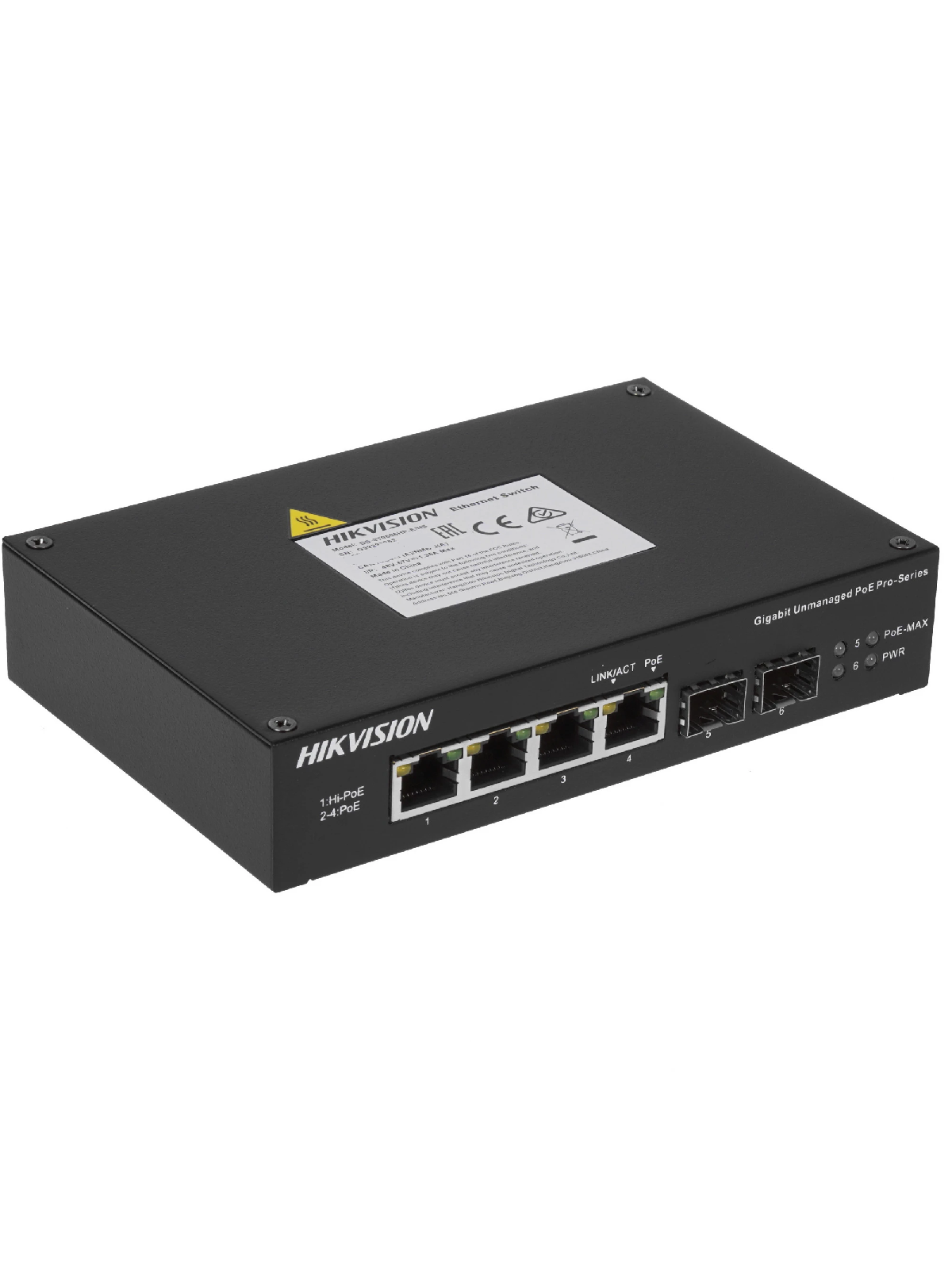 Коммутатор HIKVISION DS-3T0506HP-E/HS неуправляемый, 3*RJ45 1000M PoE с грозозащитой 6кВ, бюджет PoE 60Вт