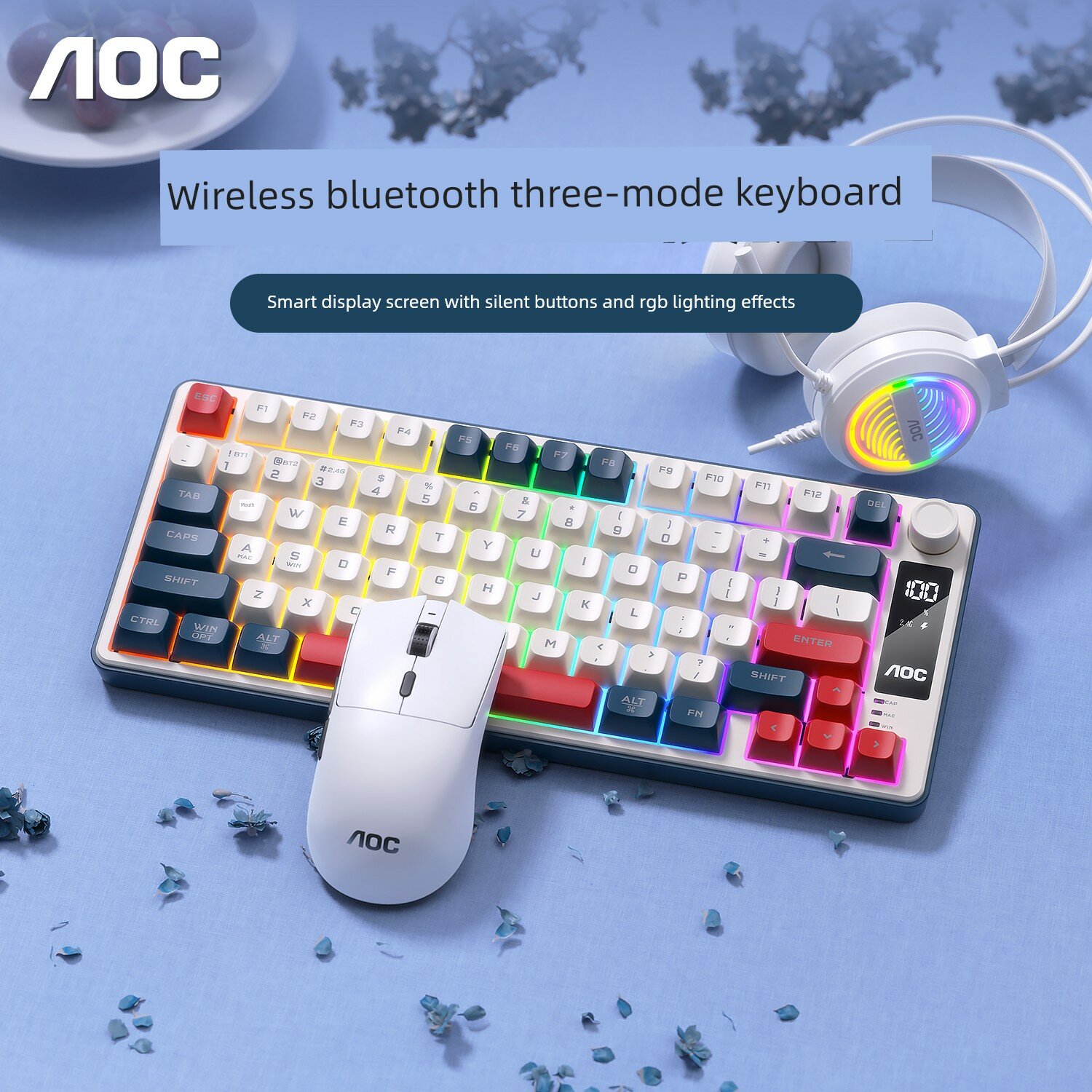 AOC-GK300 беспроводная клавиатура мышь наушники комплект бежевый, Bluetooth, RGB-подсветка, с дисплеем