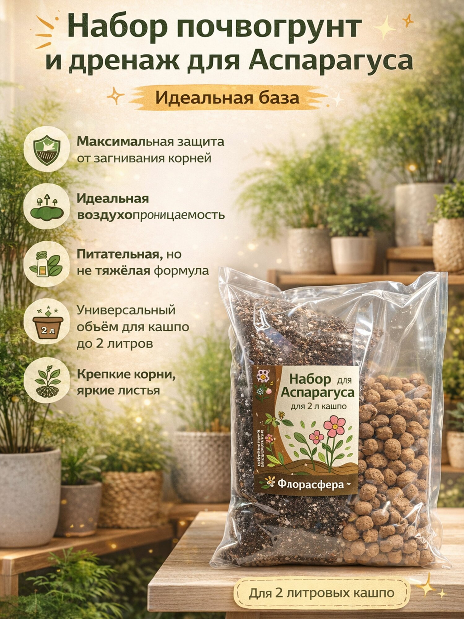 Набор почвогрунт и дренаж для Аспарагуса для 2л кашпо премиум грунт