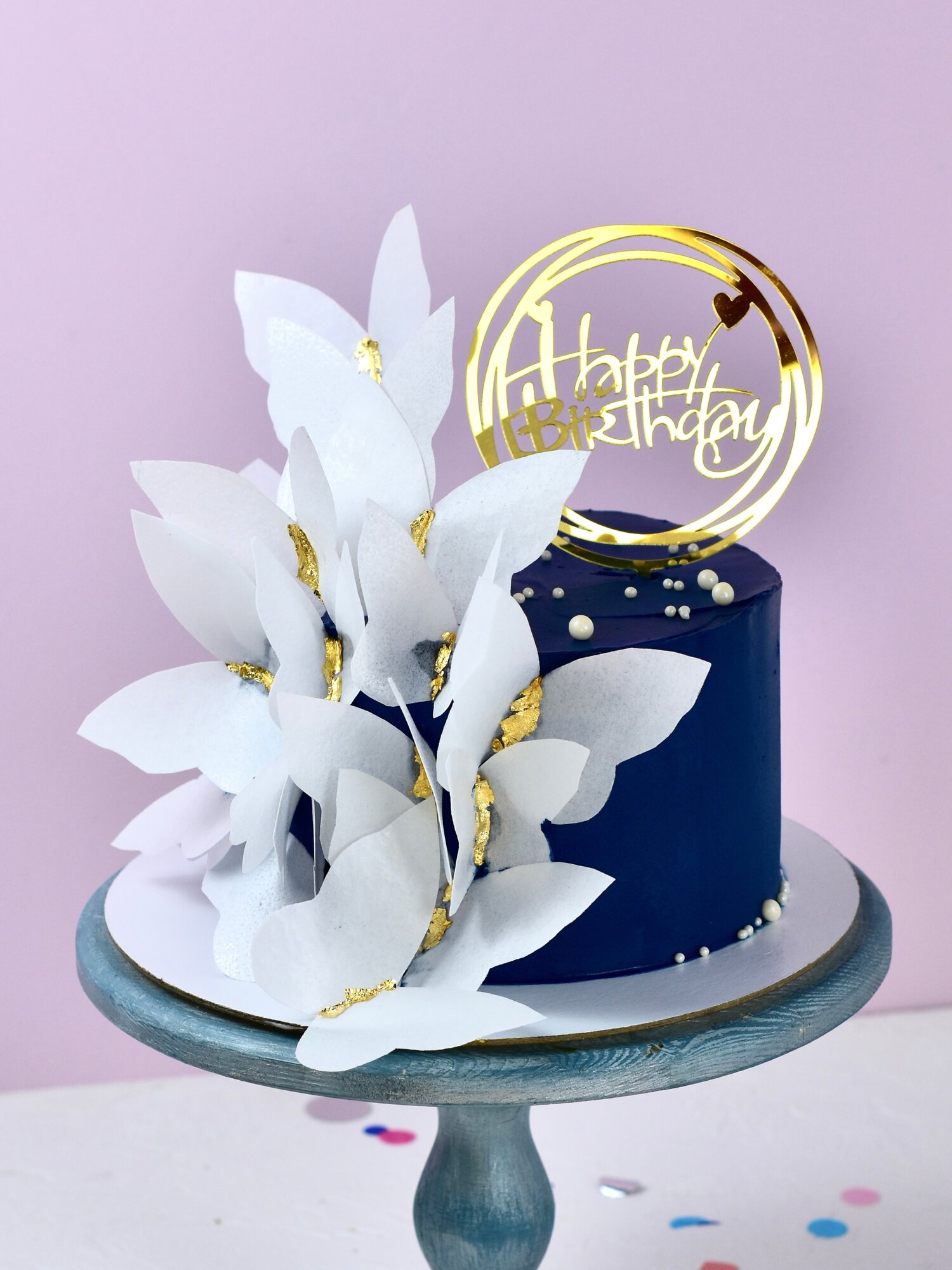 Торт с бабочками и золотой топпер на день рождения , девушке, любимой, 1,8 кг