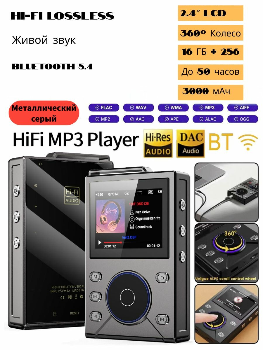 Hi-Fi MP3-плеер Bluetooth 5.4, двойной DAC, DSD256, lossless аудио, 2.4 экран, 16GB + до 256GB