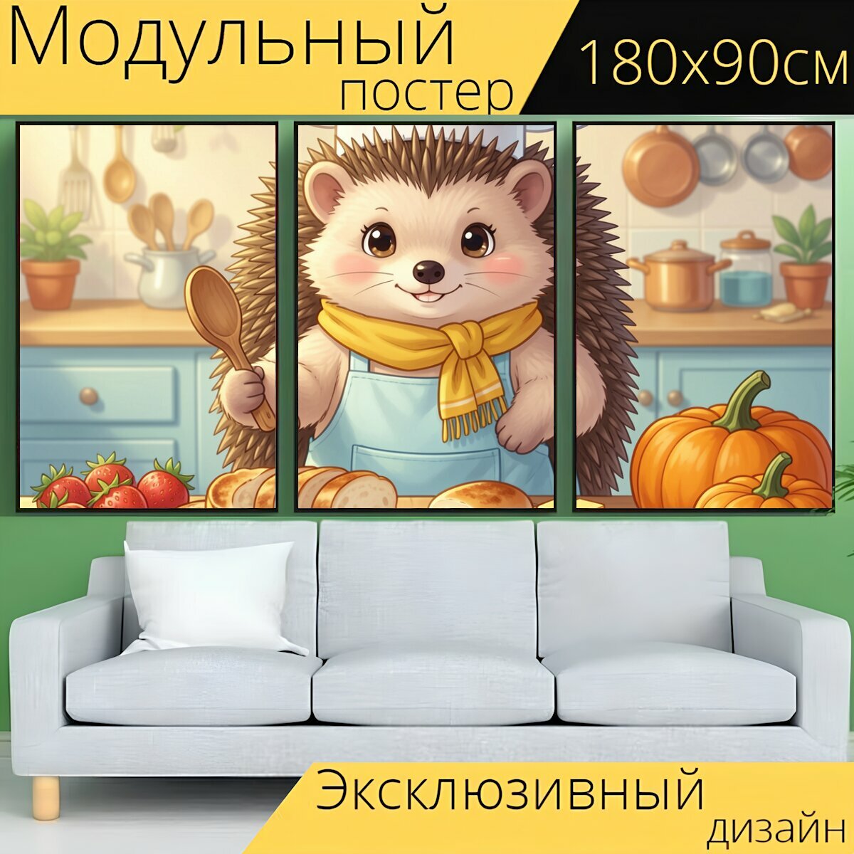 Модульный постер "Ежик-повар с тыквами и ягодами. Милый мультяшный зверёк в белом колпаке и жёлтом шарфе готовит на кухне, рядом хлеб." 180 x 90 см. для интерьера на стену в тубусе