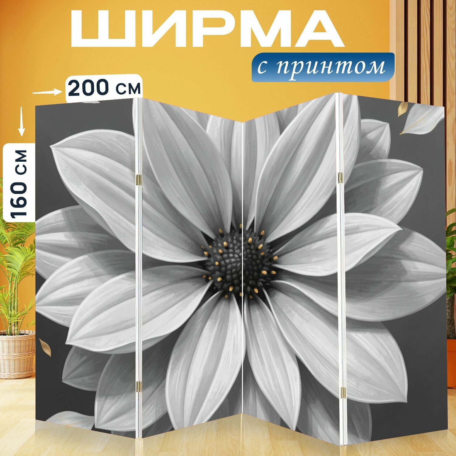 Ширма "Белый цветок на сером фоне. Нежный крупный бутон в монохромной палитре с графитовыми и золотистыми." перегородка для зонирования комнаты с принтом 200x160 см. на холсте