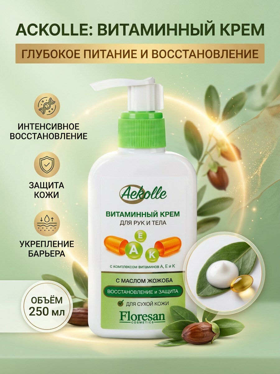 Крем для рук и тела AeKolle, для сухой кожи, Floresan, с маслом жожоба и комплексом витаминов А, Е и К, 250 мл