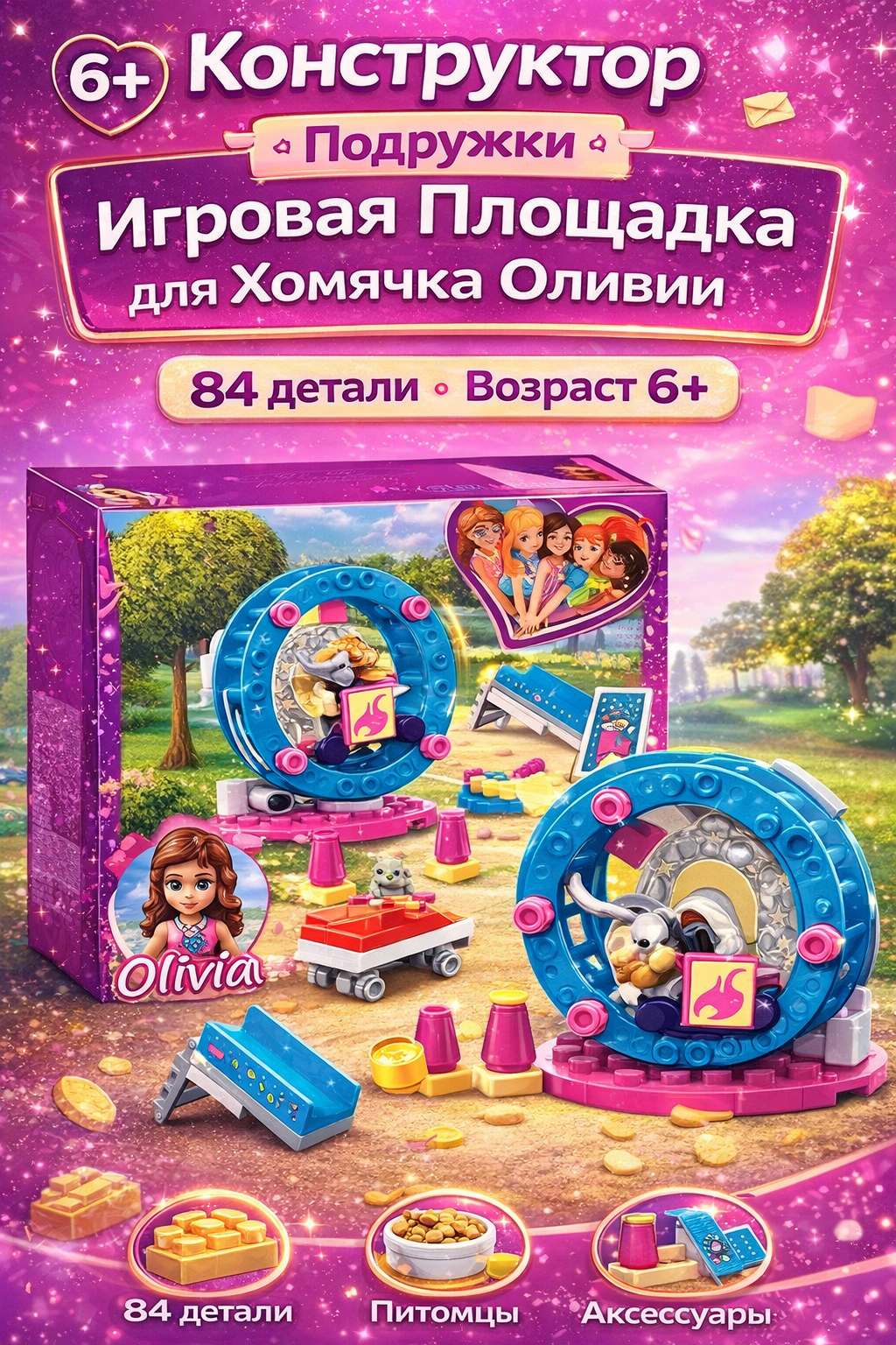 Конструктор для девочек Игровая площадка для хомячка Оливии, 84 дет (подарок для девочек / подарок ребенку)