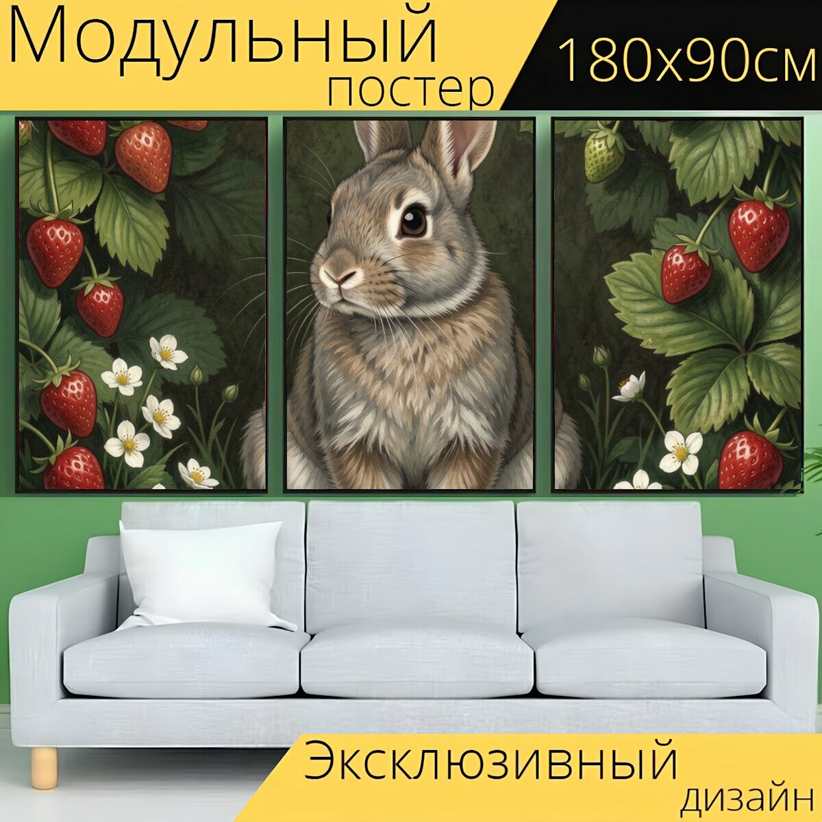 Модульный постер "Кролик среди клубники и цветов. Милый лесной зверёк в окружении спелых ягод, зелёной листвы и белых цветков. Нежная." 180 x 90 см. для интерьера на стену в тубусе