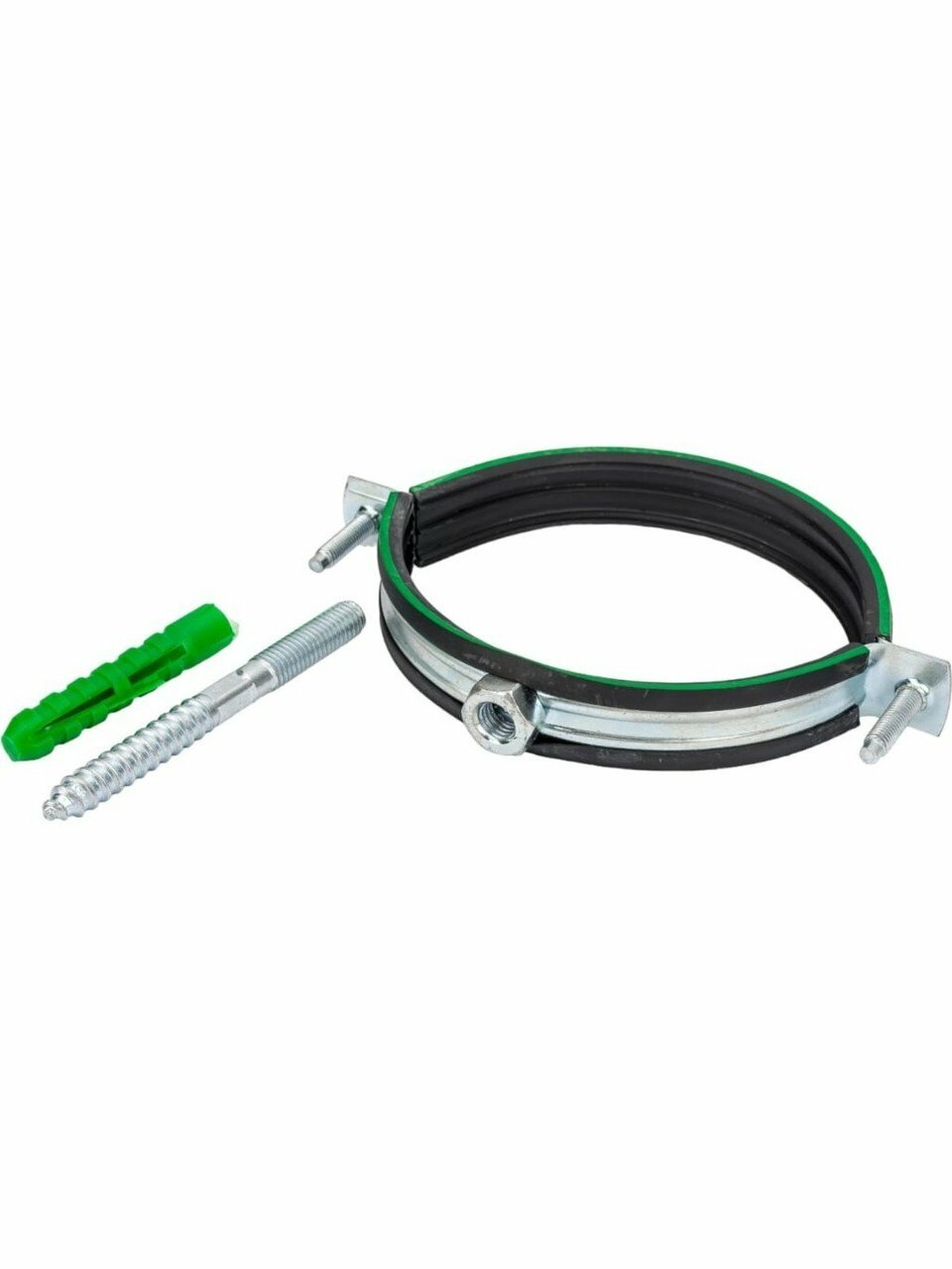 Хомут для крепления трубы 4 дюйма 108-116 мм СантехКреп стальной со шпилькой и дюбелем 1.11.10