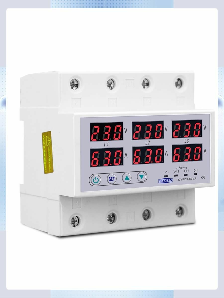 Din-рейка 3-фазное реле 3P + Вольтметр Амперметр Реле контроля повышенного и пониженного напряжения Защита 63A 230 В с N