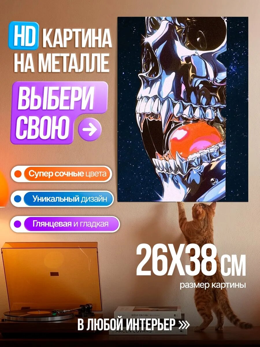Картина на HD металле Хромированный череп космос
