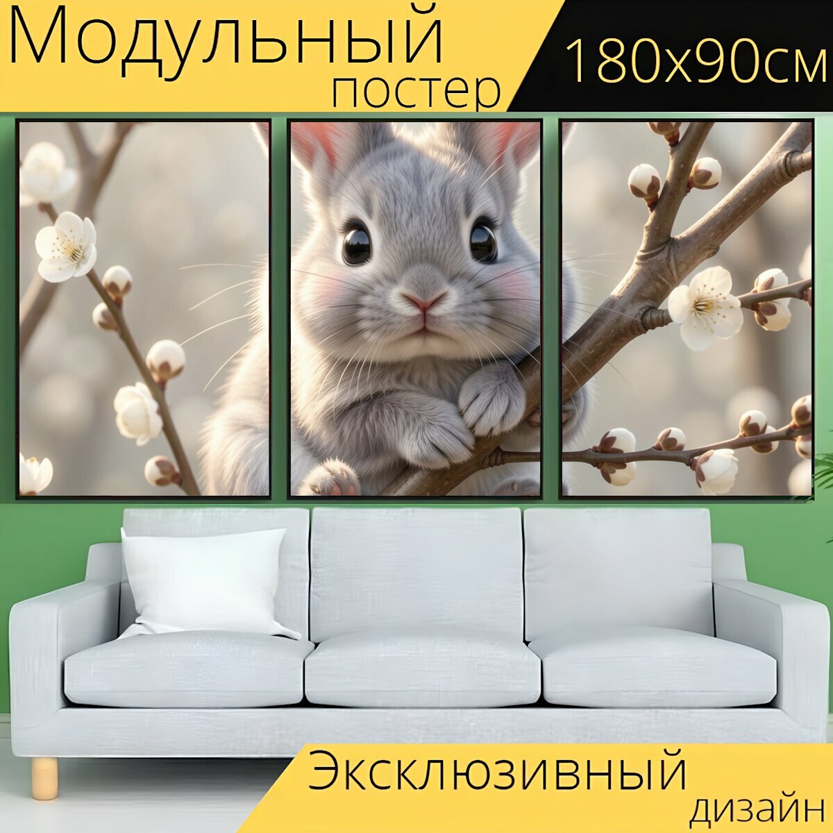 Модульный постер "Милый зайчонок в цветущих ветках. Нежный пушистый кролик с большими ушами среди белых весенних бутонов, мягкий свет." 180 x 90 см. для интерьера на стену в тубусе