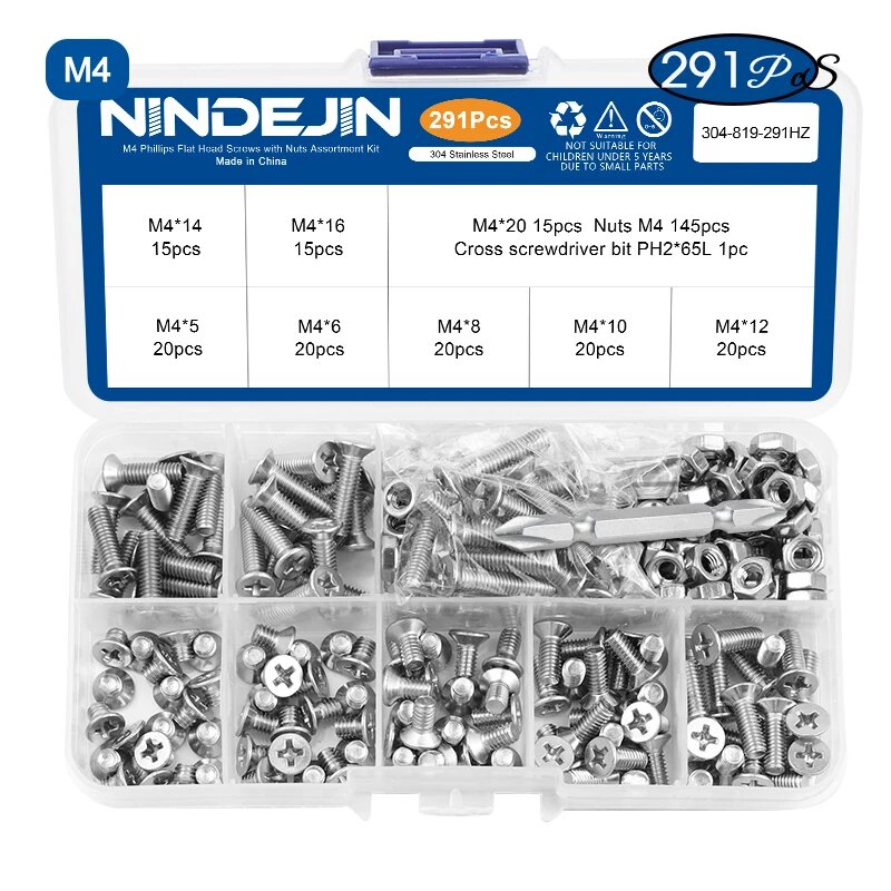NINDEJIN набор винтов из нержавеющей стали M1-M5 M4 291pcs