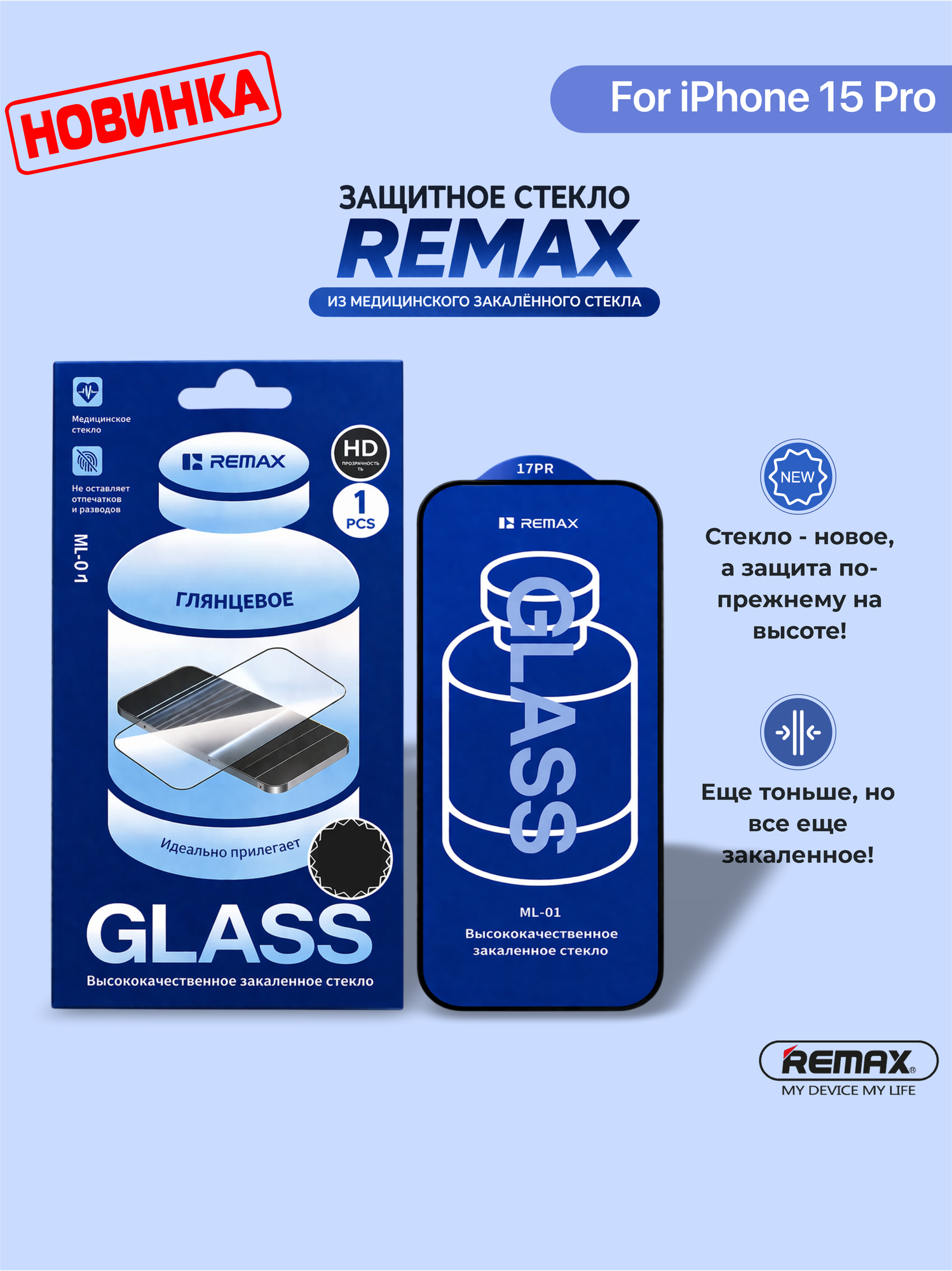 Защитное стекло из медицинского стекла Remax ML01 для iPhone 15 Pro