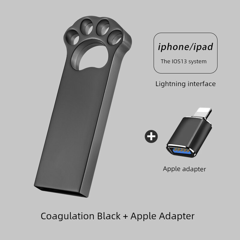 Металлический флеш-накопитель с котом-когтем 64 ГБ с адаптером для Apple, цвет темно-серый