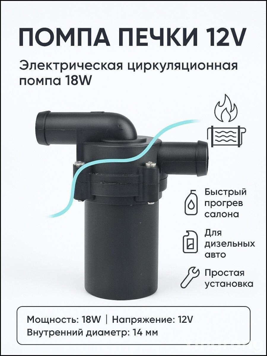 Циркуляционная помпа 12V 18W для печки автомобиля - насос с внутренней резьбой, стойкий корпус, для старых авто