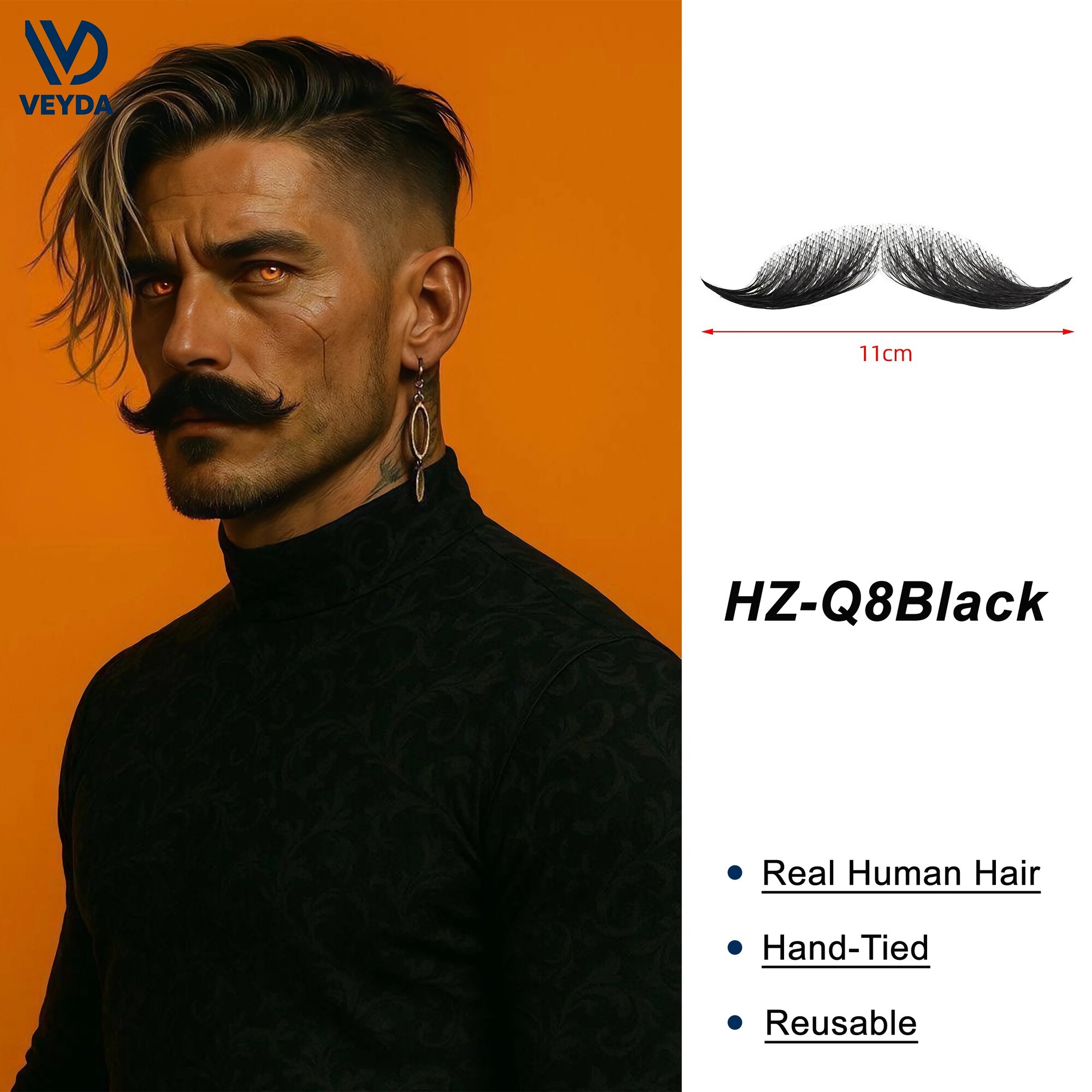 Реалистичные усы из человеческого волоса, HZoo-Q8Black