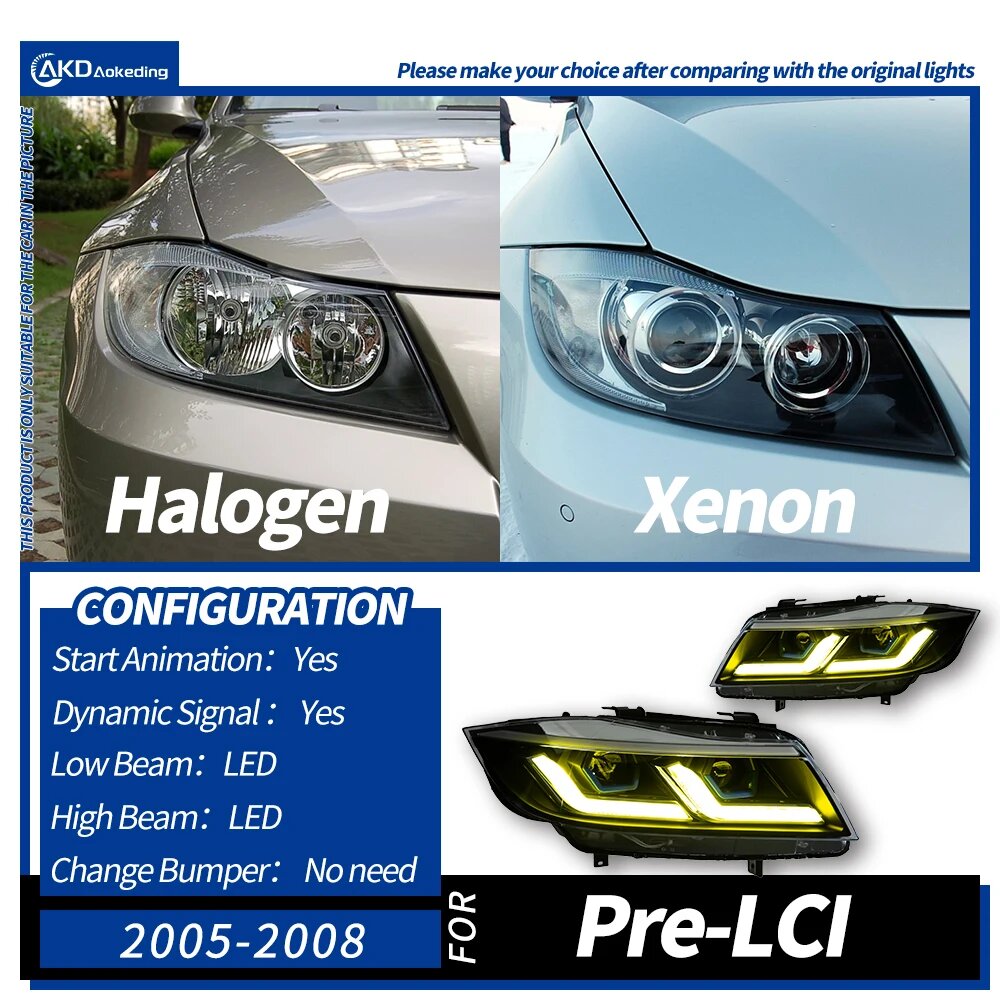 Фара AKD для BMW E90 LED-фара 2005-2012 года выпуска Фары 320i 325i 318i Дневной ходовой огонь Сигнал поворота Дальний свет Ангельские глаза Проекционная линза