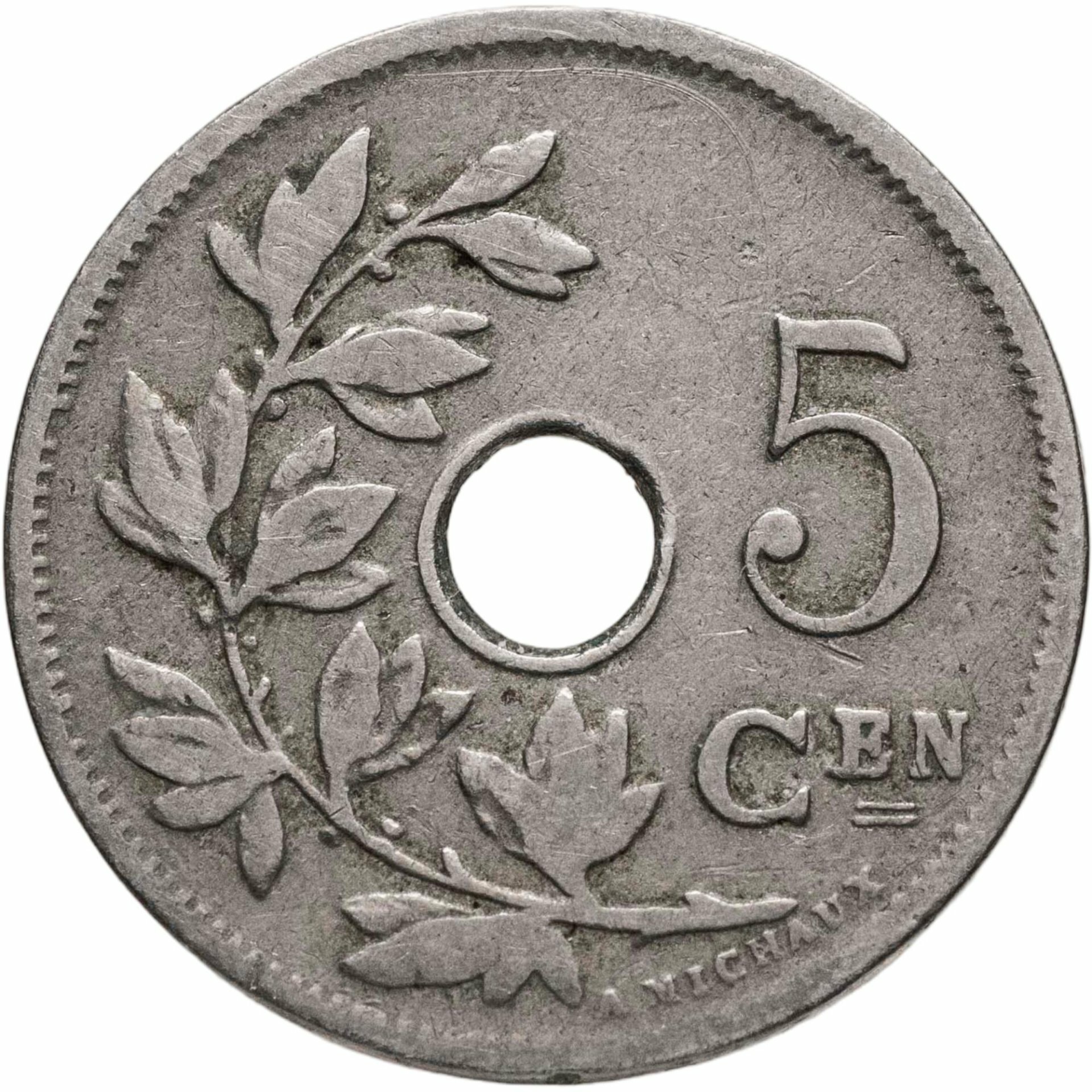 Бельгия 5 сантимов centimes 1902 Надпись на голландском - 'BELGIË', Мельхиор медь-никель, в сохранности VF