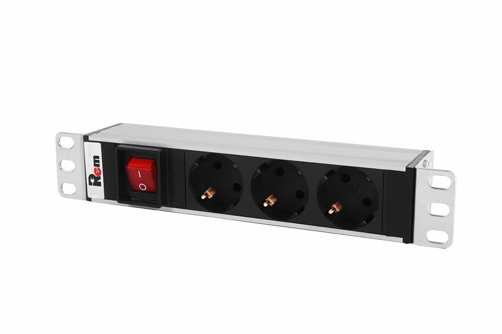 ЦМО Блок розеток Rem-10 без шнура с выкл, 3 Schuko, вход IEC 60320 C14, 10A, алюм, 10" (R-10-3S-V-220-Z)