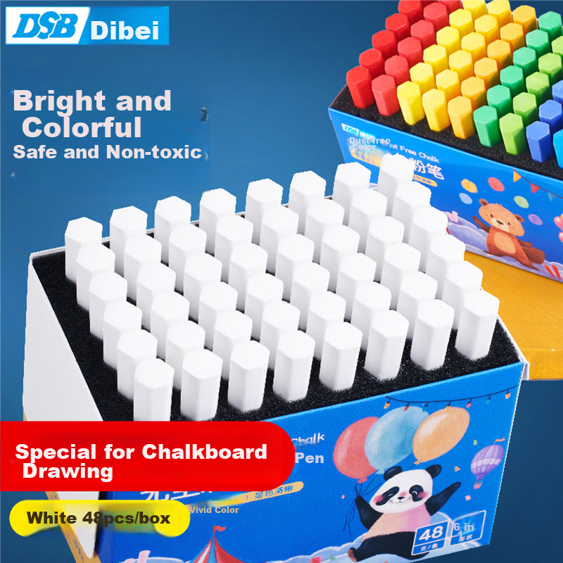 DSB (Disbi) Colored Chalk Hexagonal Non-Toxic Dust-Free Chalk for Bulletin Board, Drawing, Teaching, Children, White