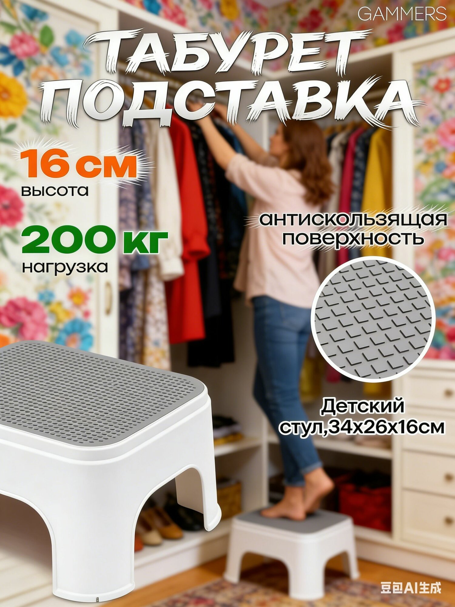 Подставка-ступенька пластиковая Полимербыт 1 ступень, табурет до 200 кг для детей и взрослых — бело-серый, в ванну