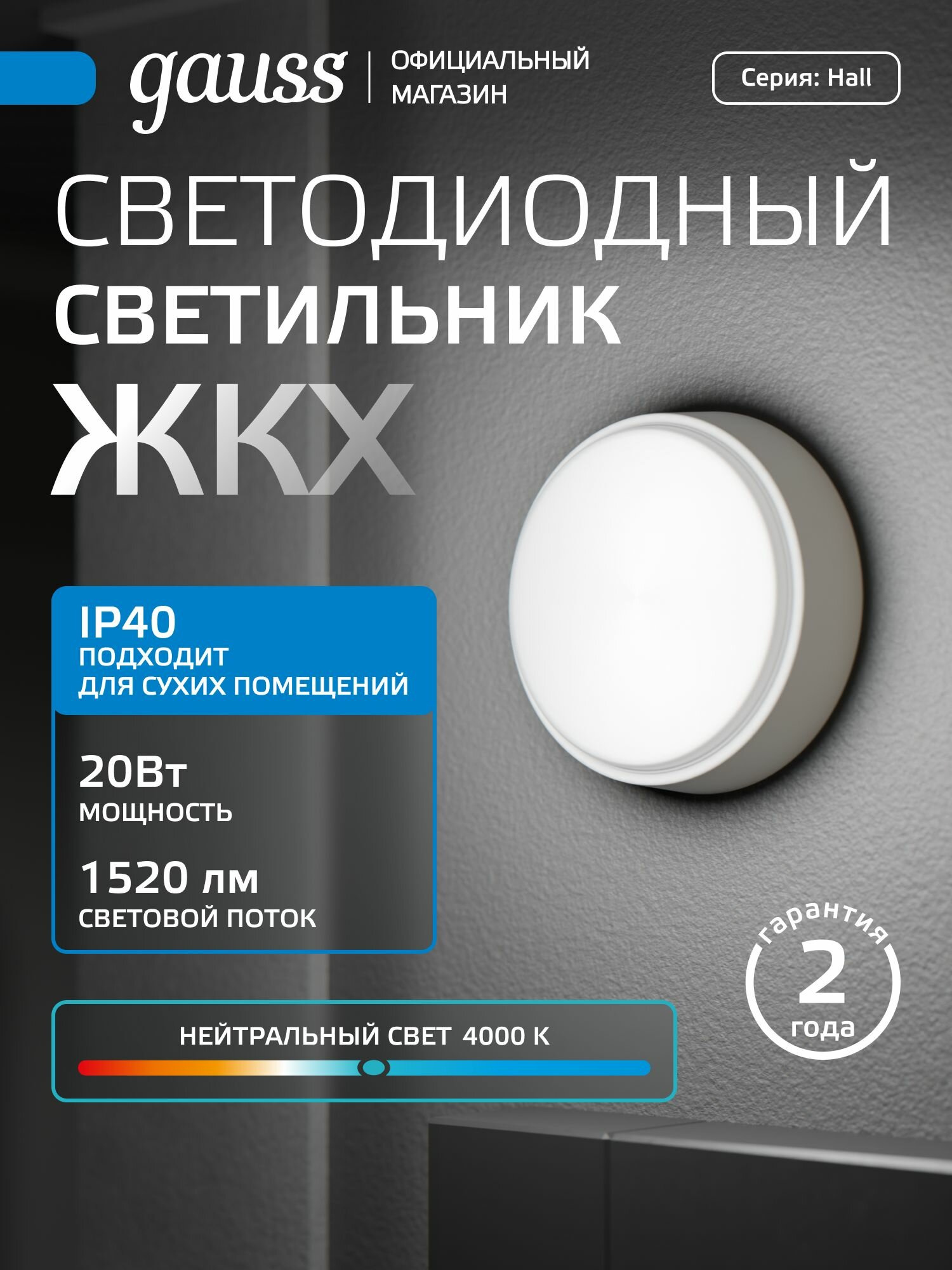 Светодиодный светильник 20W 4000K ЖКХ круг Gauss HALL