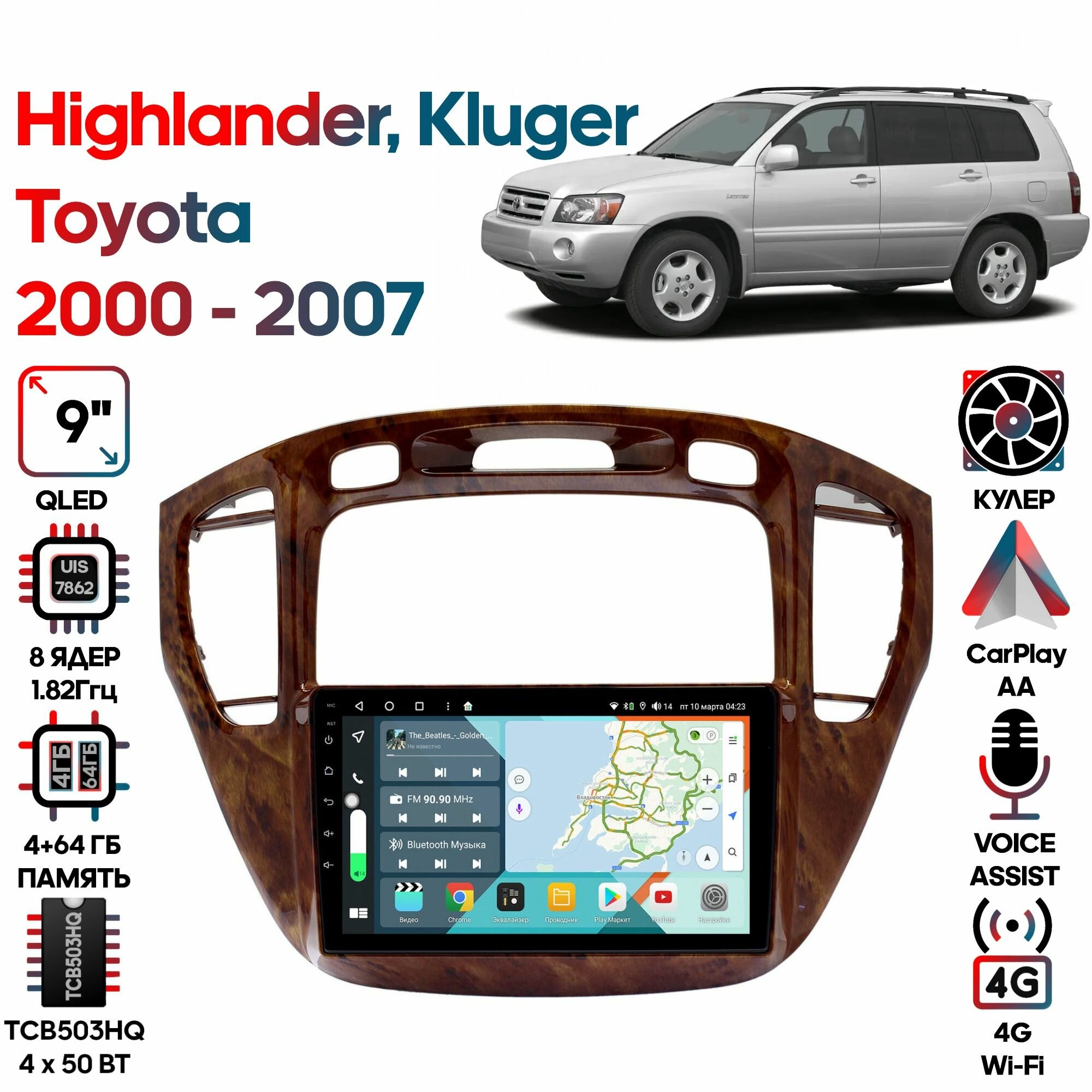Магнитола Toyota Highlander, Kluger 2000- 2007 для авто без монитора 9 дюймов, 4/64GB, 8 ядер, DSP, 4G, Android 10 / Wide Media