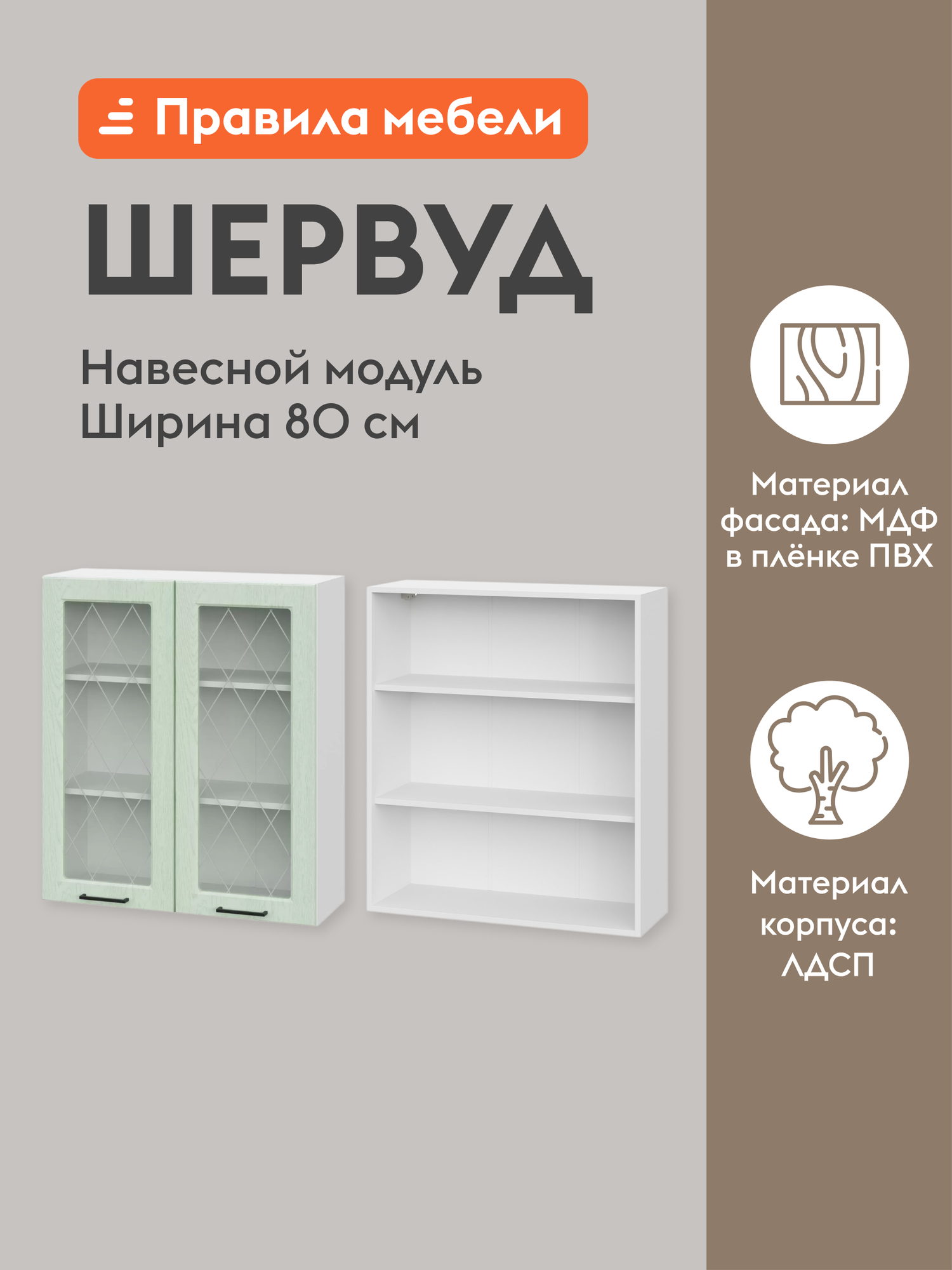 Кухонный модуль навесной, шкаф Шервуд с доводчиками, с полками, 80х29.6х91 см, Белый / Шато мята со стеклом
