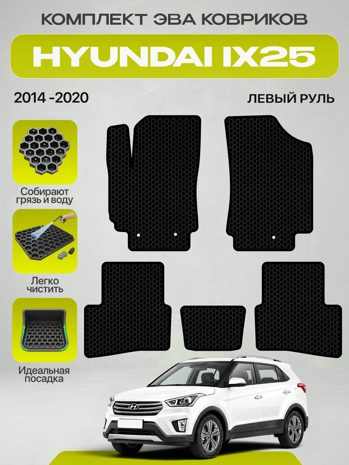 Эва коврики для HYUNDAI IX25 2014–2020 Левый руль , черный с черным кантом ( Хендай АйИкс 25 2014-2020, Хенде АйИкс 25 2014–2020 ) Eva, Ева
