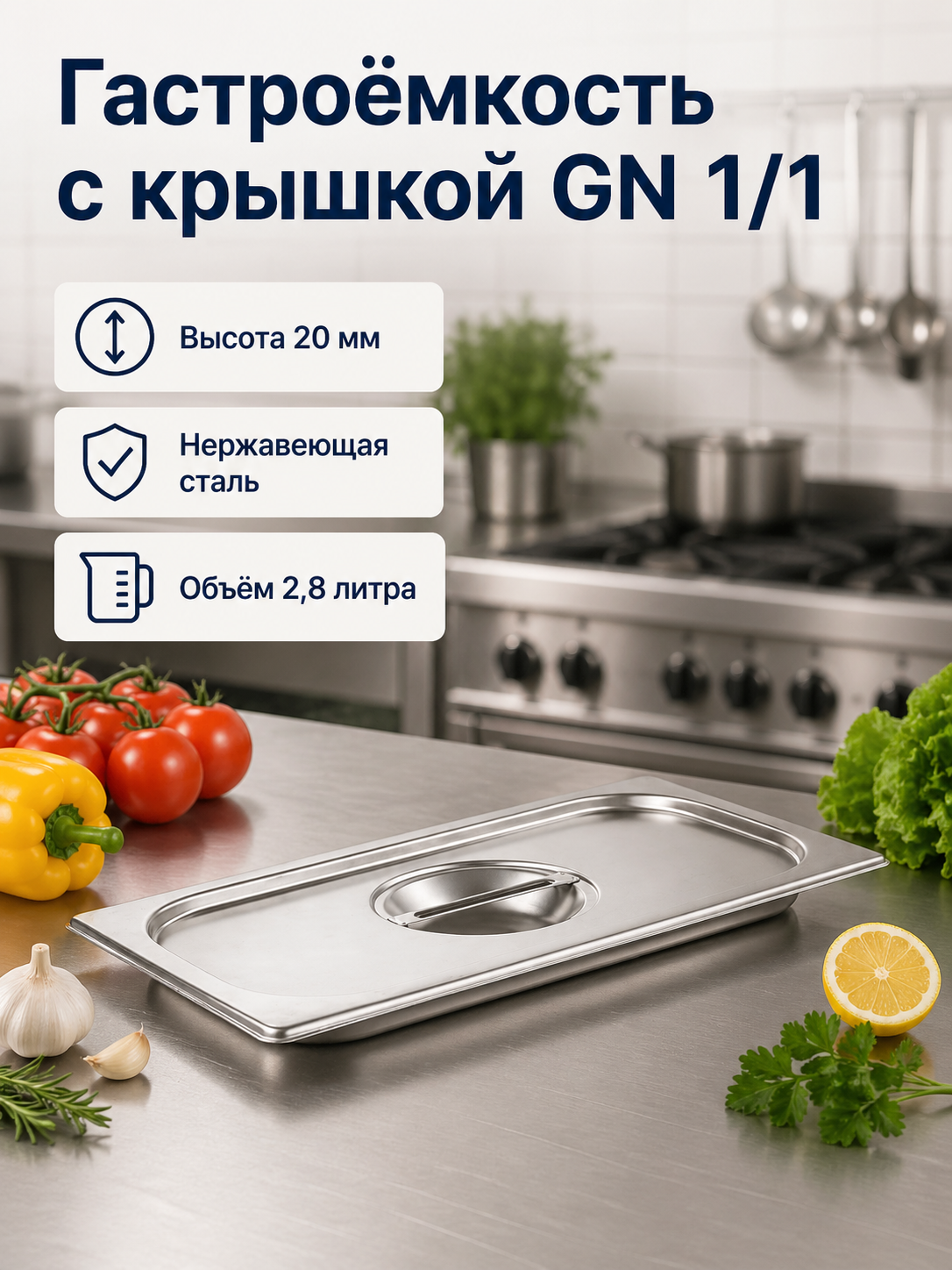 Гастроемкость GN 1/1-20 мм с крышкой, нерж. сталь