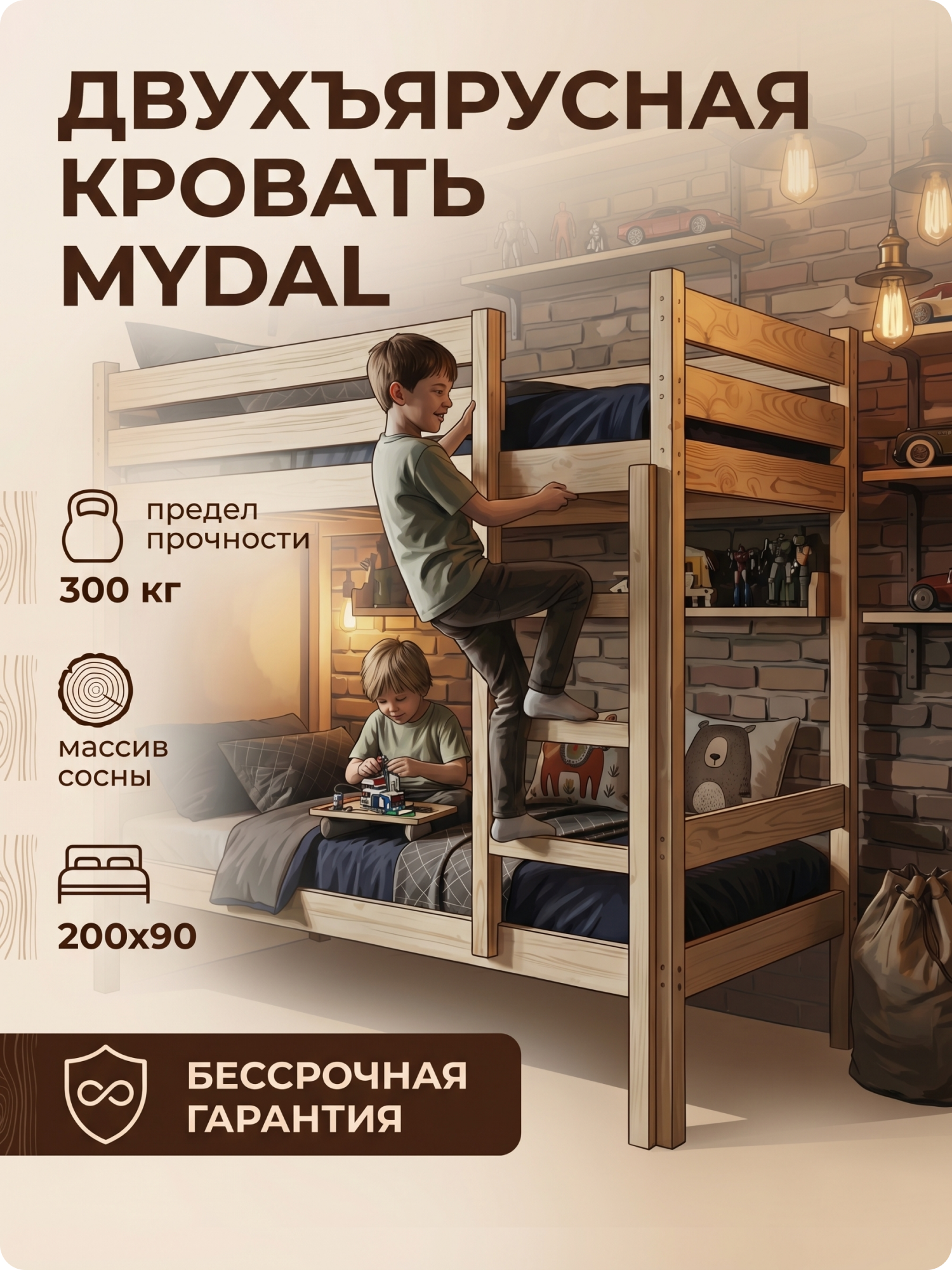 Кровать Двухъярусная 200х90, MYDAL, Двухъярусная кровать из массива сосны